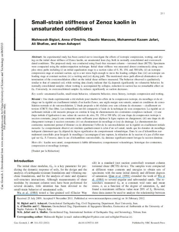 (PDF) Small-strain stiffness of Zenoz kaolin in unsaturated conditions