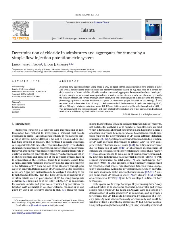 Pdf Determination Of Chloride In Admixtures And Aggregates For Cement By A Simple Flow