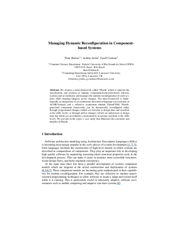 Pdf Managing Dynamic Reconfiguration In Component Based Systems Thais Batista