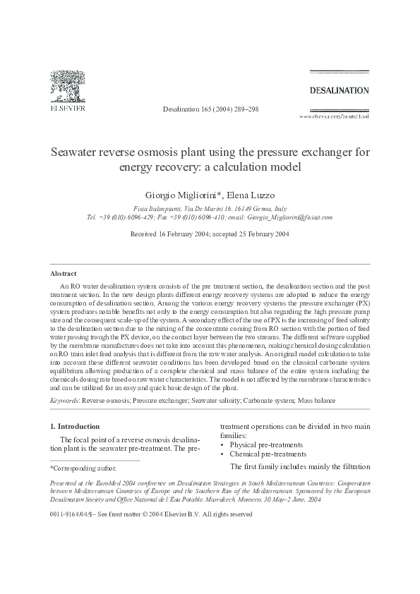 (PDF) Seawater reverse osmosis plant using the pressure exchanger for energy recovery: a ...