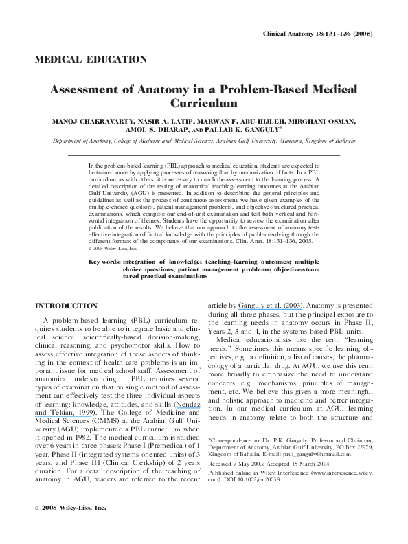 (PDF) Assessment of anatomy in a problem-based medical curriculum