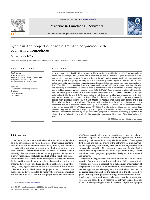 (PDF) Synthesis and properties of some aromatic polyamides with coumarin chromophores