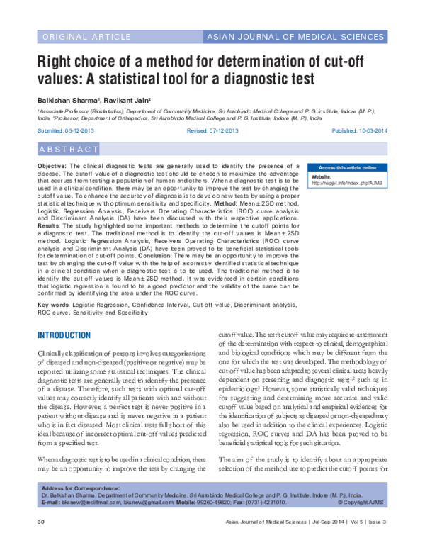 (PDF) Right choice of a method for determination of cut-off values: A ...
