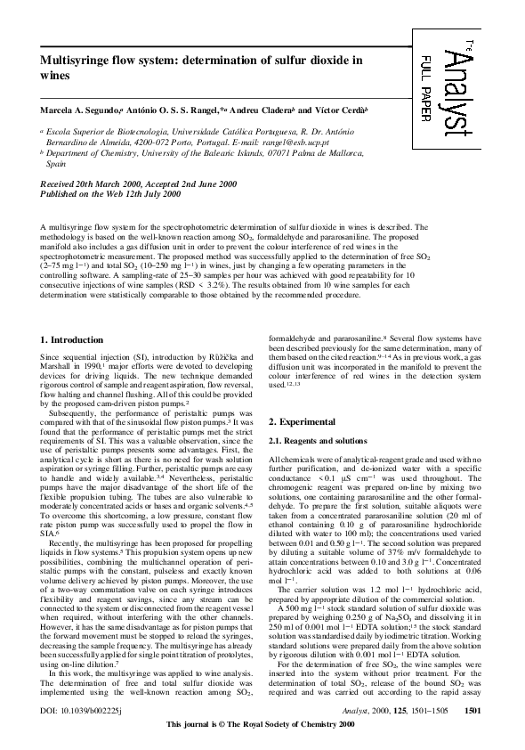 Pdf Multisyringe Flow System Determination Of Sulfur Dioxide In Wines