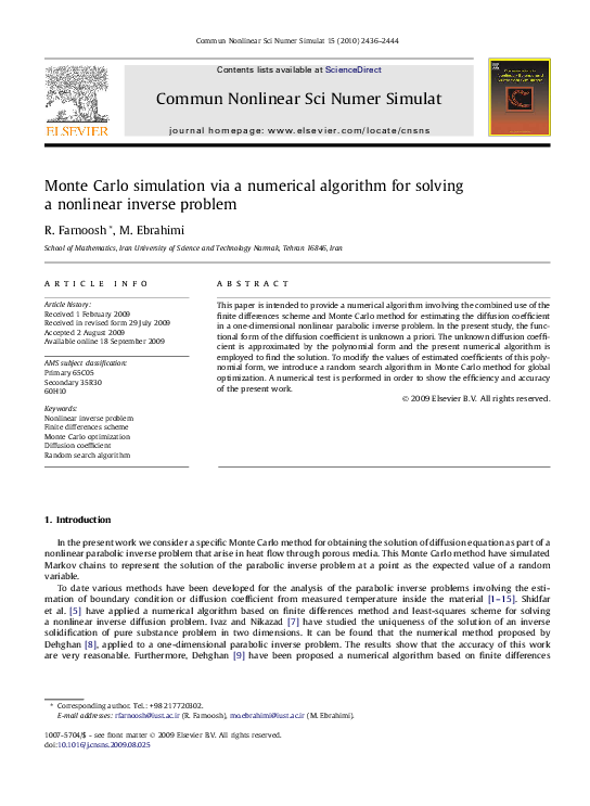 Pdf Monte Carlo Simulation Via A Numerical Algorithm For Solving A