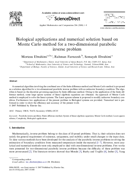 Pdf Biological Applications And Numerical Solution Based On Monte