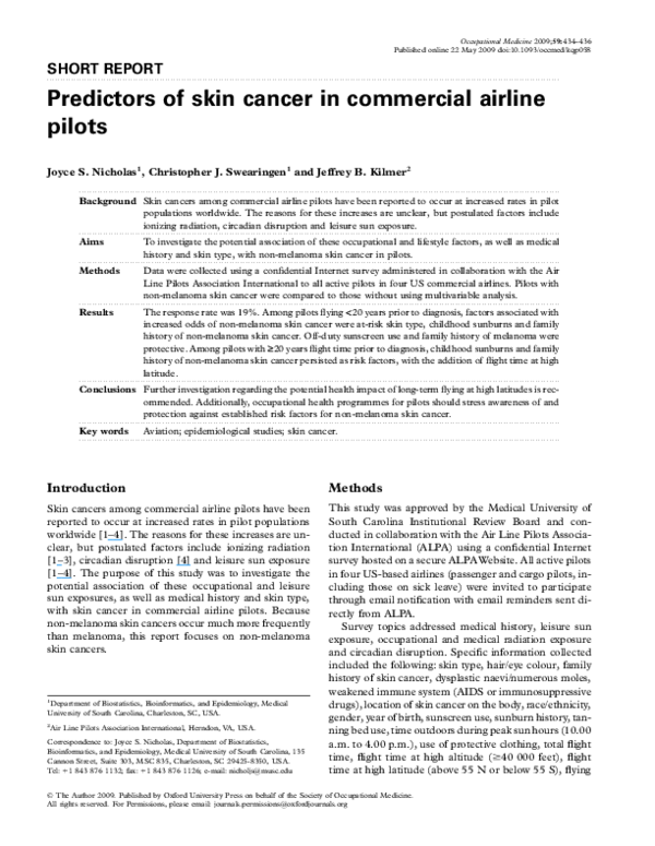 (PDF) Predictors of skin cancer in commercial airline pilots