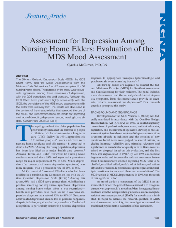 (PDF) Assessment for depression among nursing home elders: Evaluation ...