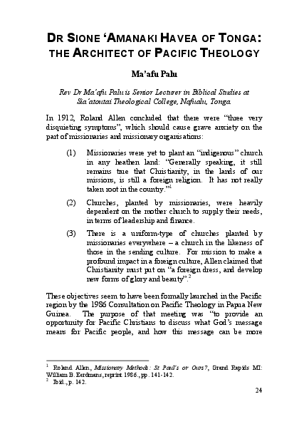 (PDF) DR SIONE 'AMANAKI HAVEA OF TONGA: THE ARCHITECT OF PACIFIC THEOLOGY