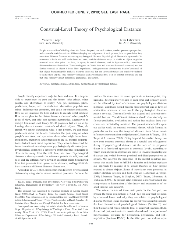 (PDF) Construal-Level Theory of Psychological Distance
