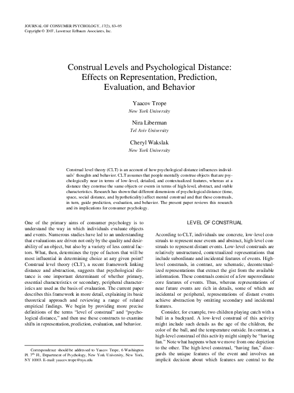 (PDF) Construal levels and psychological distance: Effects on representation, prediction ...