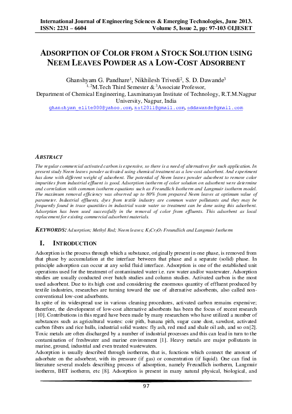 (PDF) ADSORPTION OF COLOR FROM A STOCK SOLUTION USING NEEM LEAVES POWDER AS A LOW-COST ADSORBENT