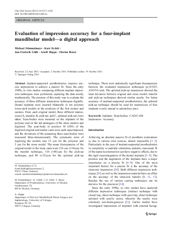 (PDF) Evaluation of impression accuracy for a four-implant mandibular ...