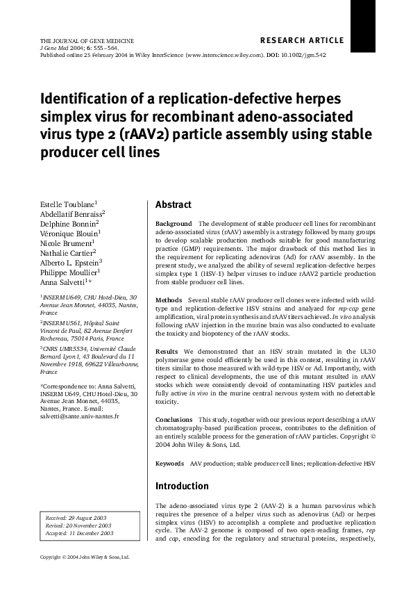 (PDF) Identification of a replication-defective herpes simplex virus for recombinant adeno ...