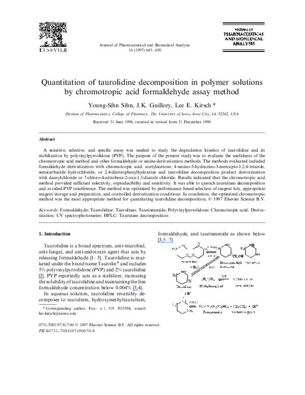 (PDF) Quantitation of taurolidine decomposition in polymer solutions by ...