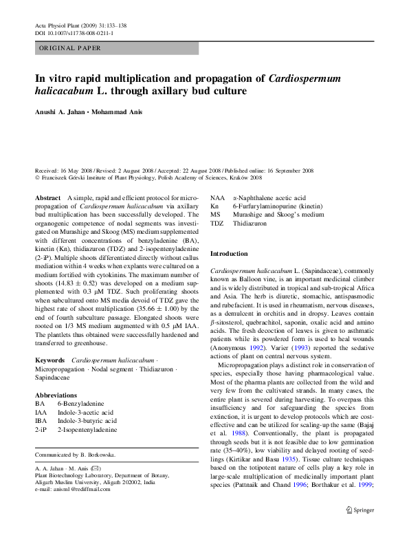 (PDF) In vitro rapid multiplication and propagation of Cardiospermum ...