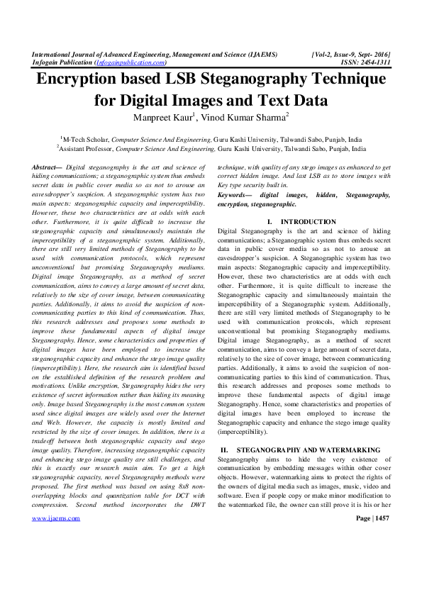 Pdf Encryption Based Lsb Steganography Technique For Digital Images And Text Data Ijaems