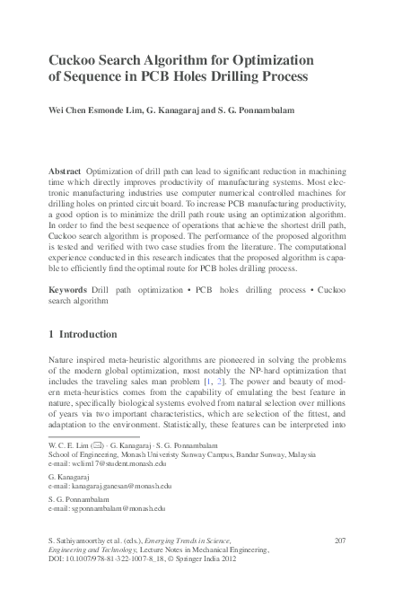 (PDF) Cuckoo Search Algorithm for Optimization of Sequence in PCB Holes Drilling Process