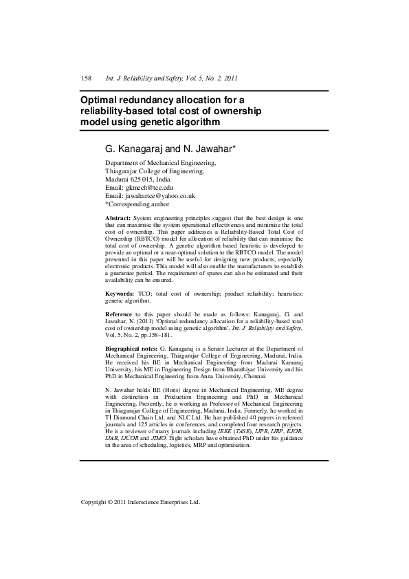 Pdf Optimal Redundancy Allocation For A Reliability Based Total Cost