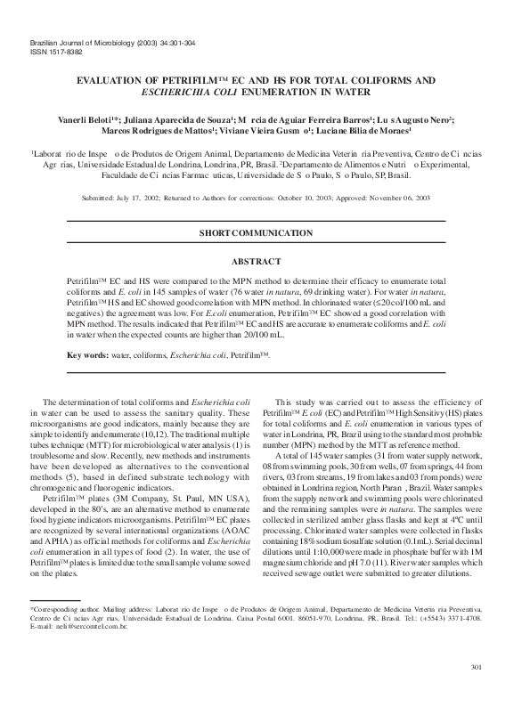 (PDF) Evaluation of Petrifilm EC and HS for total coliforms and Escherichia coli enumeration in ...