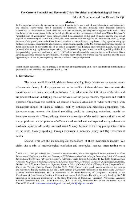 (PDF) The Current Financial and Economic Crisis: Empirical and Methodological Issues