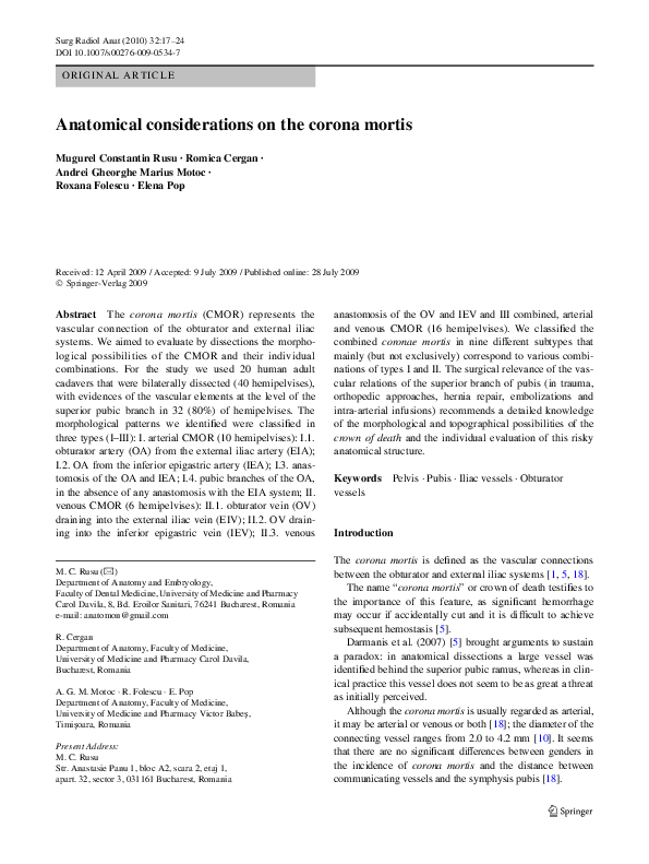 (PDF) Anatomical considerations on the corona mortis