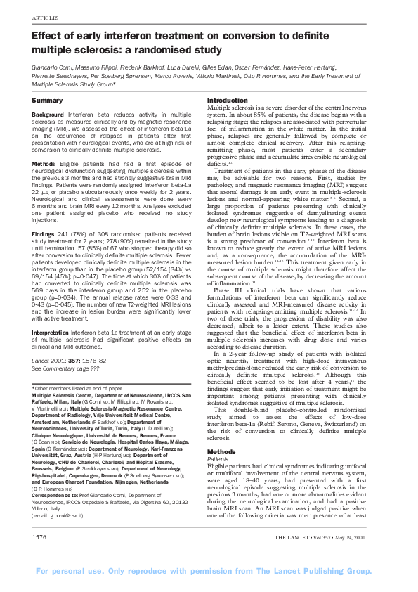 (PDF) Effect of early versus delayed interferon beta-1b treatment on ...
