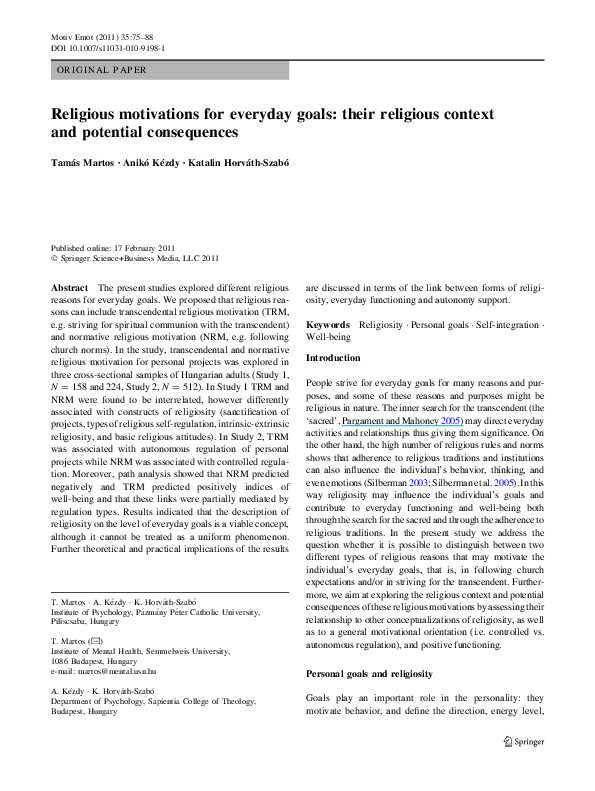 (PDF) Religious motivations for everyday goals: their religious context ...