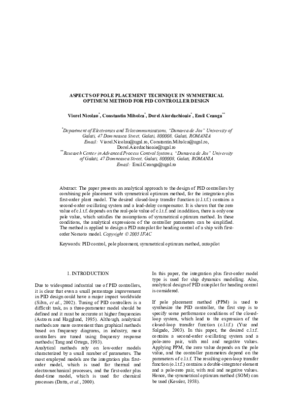 (PDF) ASPECTS OF POLE PLACEMENT TECHNIQUE IN SYMMETRICAL OPTIMUM METHOD FOR PID CONTROLLER DESIGN
