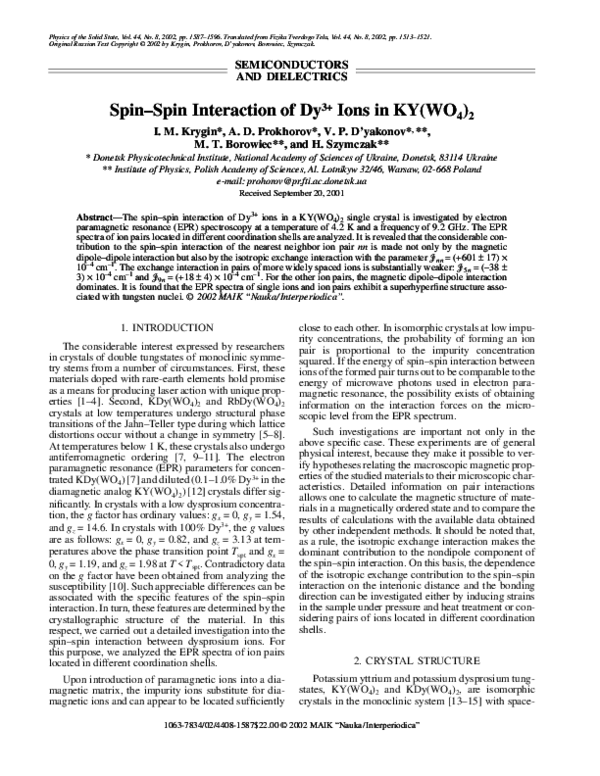 (PDF) Dy3+ Ion Spin-Spin Interaction in KY(WO4)2
