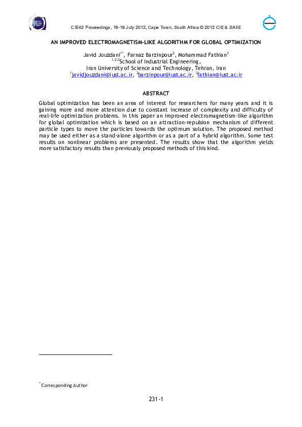 (PDF) An Improved Electromagnetism-like Algorithm for Global Optimization