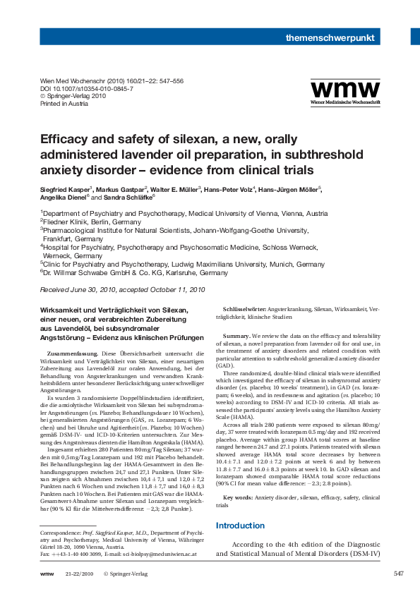 (PDF) Efficacy and safety of silexan, a new, orally administered ...