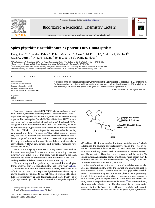 (PDF) Spiro-piperidine azetidinones as potent TRPV1 antagonists