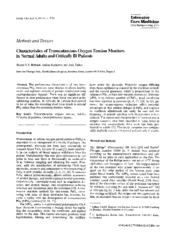 (PDF) Transcutaneous Carbon Dioxide Tension and Oxygen Saturation ...