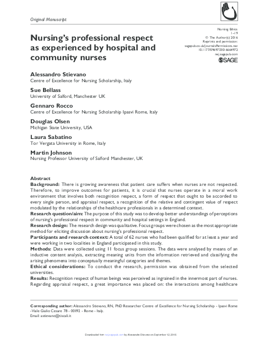 (PDF) Nursing's professional respect as experienced by hospital and ...