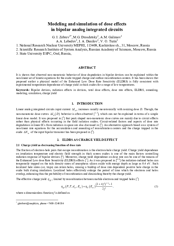 Pdf Modeling And Simulation Of Dose Effects In Bipolar Analog Integrated Circuits