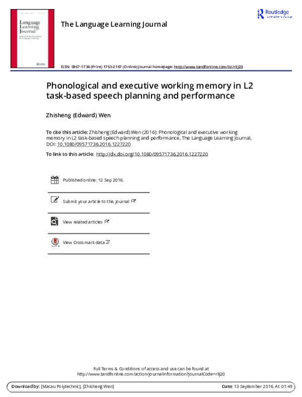 (PDF) Wen, Zhisheng (2016). Phonological and executive Working memory in L2 task-based speech ...