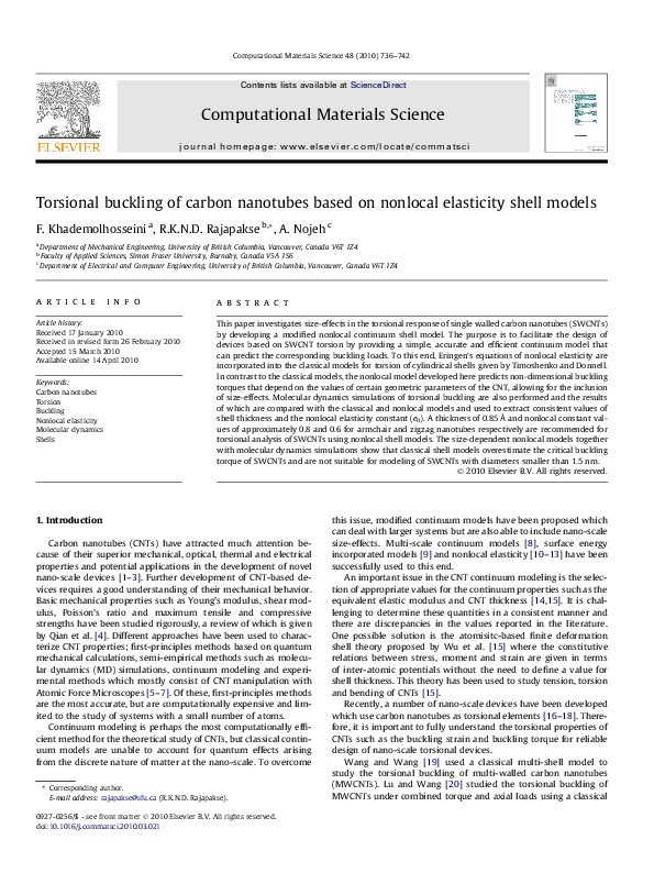 (PDF) Torsional buckling of carbon nanotubes based on nonlocal elasticity shell models