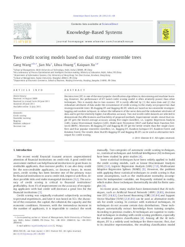 Pdf Two Credit Scoring Models Based On Dual Strategy Ensemble Trees
