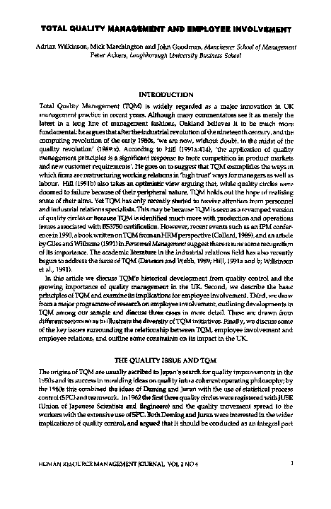 (PDF) TOTAL QUALITY MANAGEMENT AND EMPLOYEE INVOLVEMENT