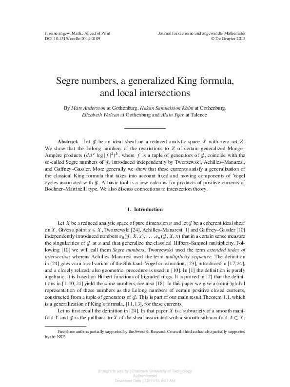 (PDF) Segre numbers, a generalized King formula, and local intersections