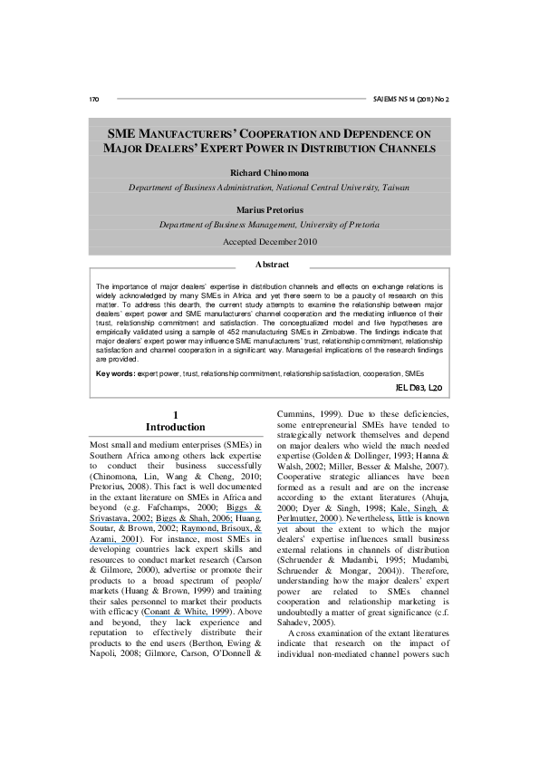 (PDF) Major dealers' expert power in distribution channels
