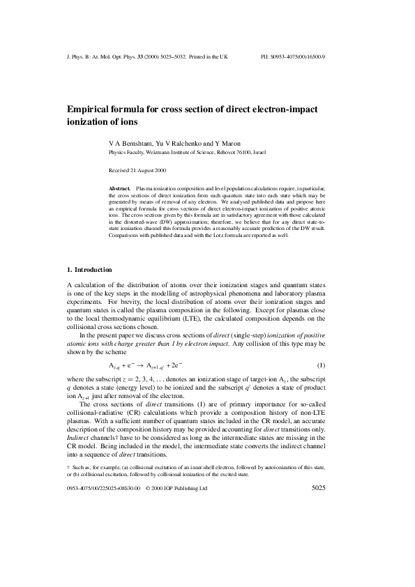 Pdf Empirical Formula For Cross Section Of Direct Electron Impact Ionization Of Ions