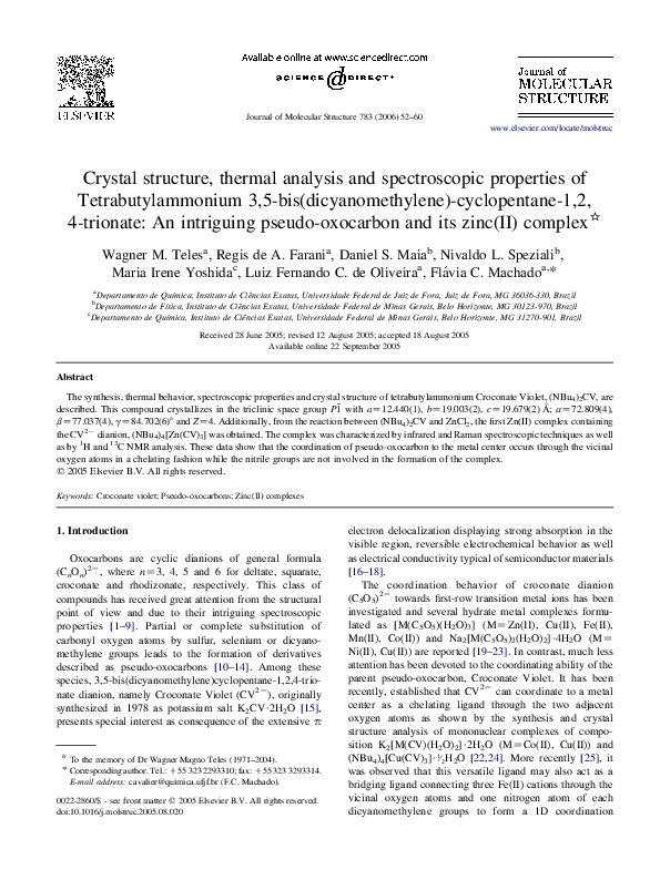 (PDF) Crystal structure, thermal analysis and spectroscopic properties of Tetrabutylammonium 3,5 ...