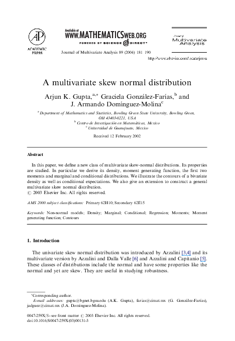 Pdf A Multivariate Skew Normal Distribution 6245