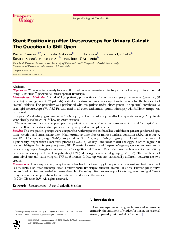 (PDF) Stent Positioning after Ureteroscopy for Urinary Calculi: The ...