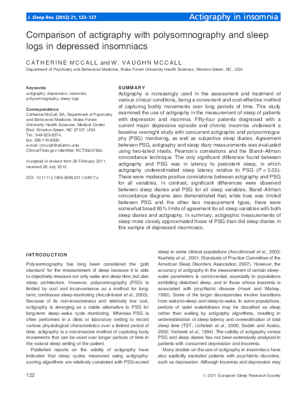 (PDF) Comparison of actigraphy with polysomnography and sleep logs in ...