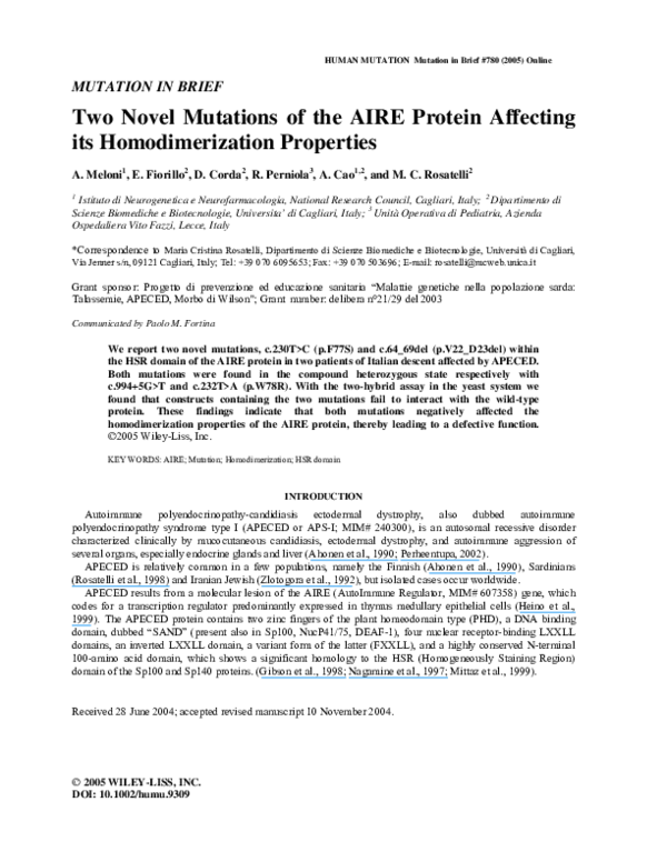 (PDF) Two novel mutations of the AIRE protein affecting its ...