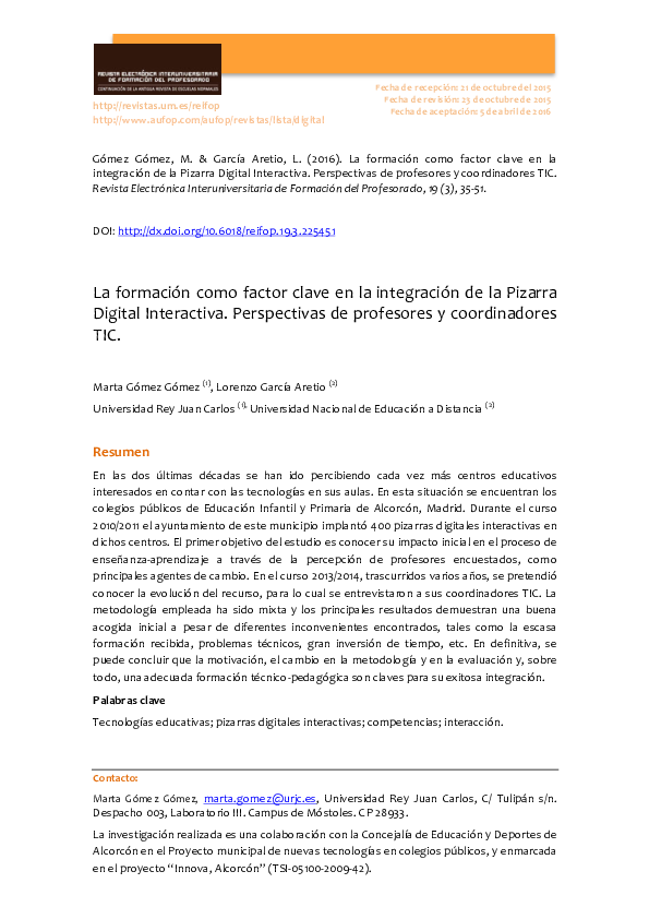 (PDF) La formación como factor clave en la integración de la Pizarra ...