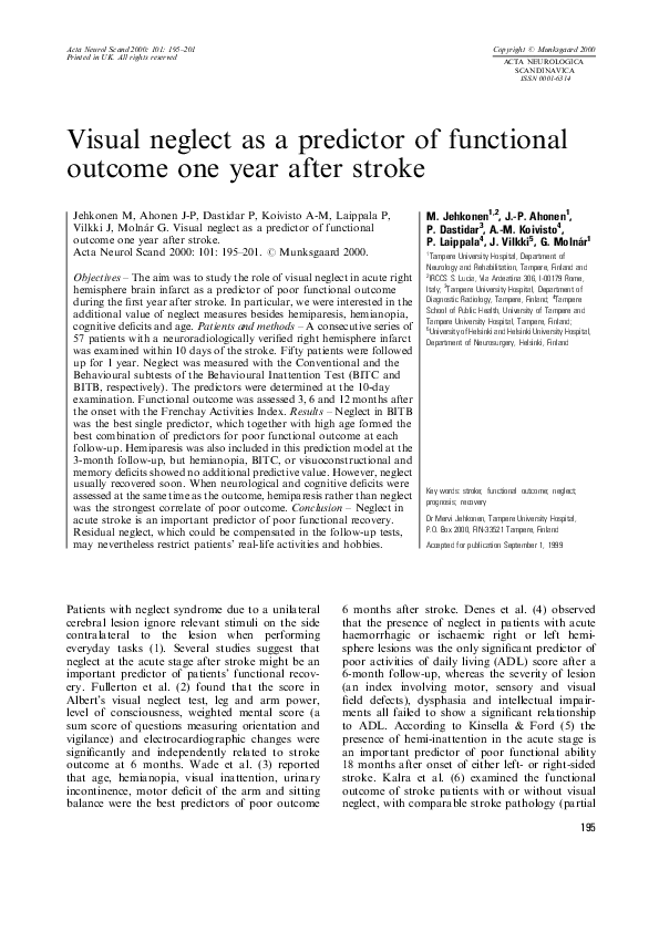 Pdf Visual Neglect As A Predictor Of Functional Outcome One Year After Stroke